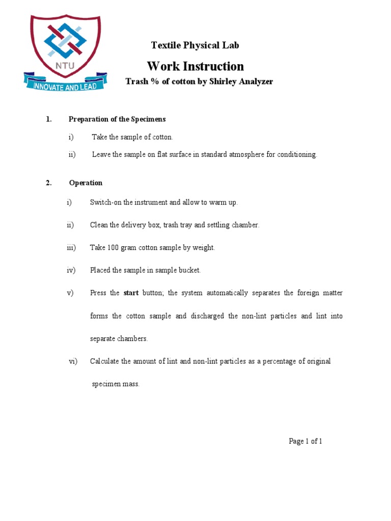 Work Instruction: Textile Physical Lab | PDF