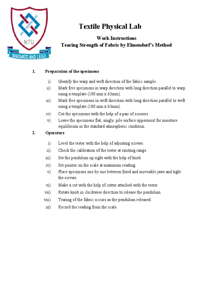 Textile Physical Lab: Work Instructions Tearing Strength of Fabric by ...