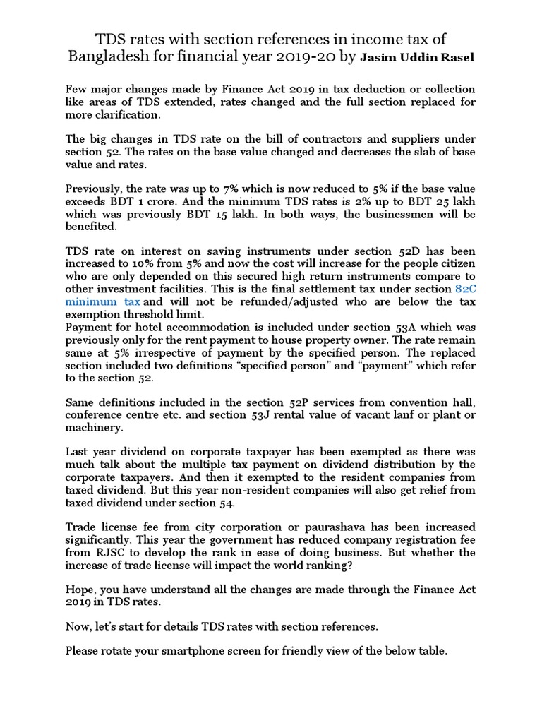 TDS Rate With Section FY 2019-2020 | PDF | Taxes | Dividend