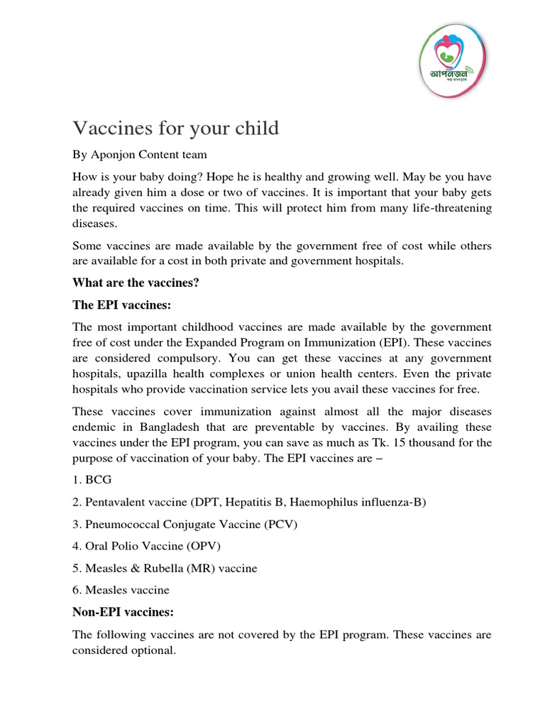 Vaccines For Your Child | PDF | Vaccines | Children's Health