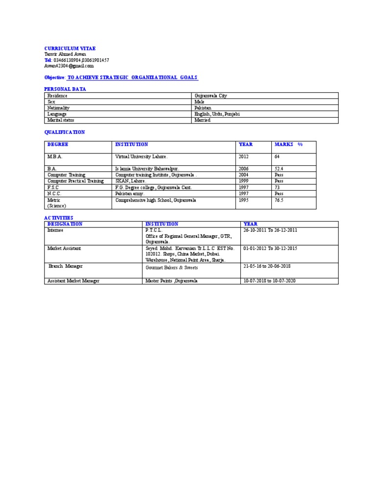 Tanvir Ahmed Awan's CV: MBA, Management Experience | PDF
