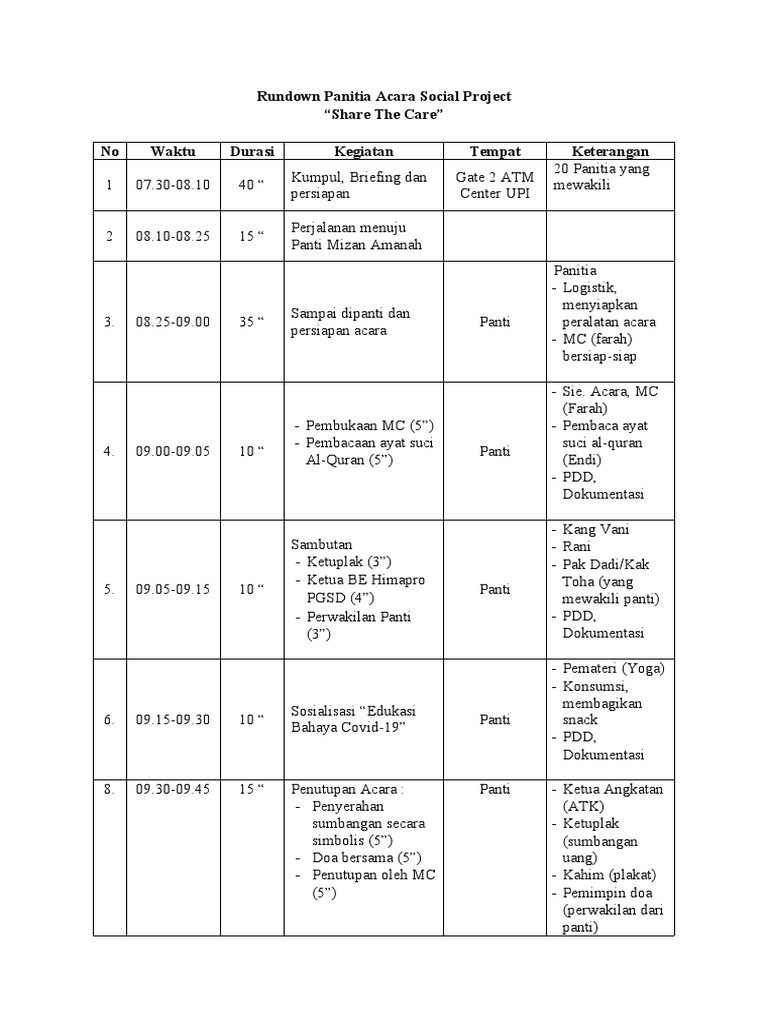 Rundown Panitia Acara Social Project BARU | PDF