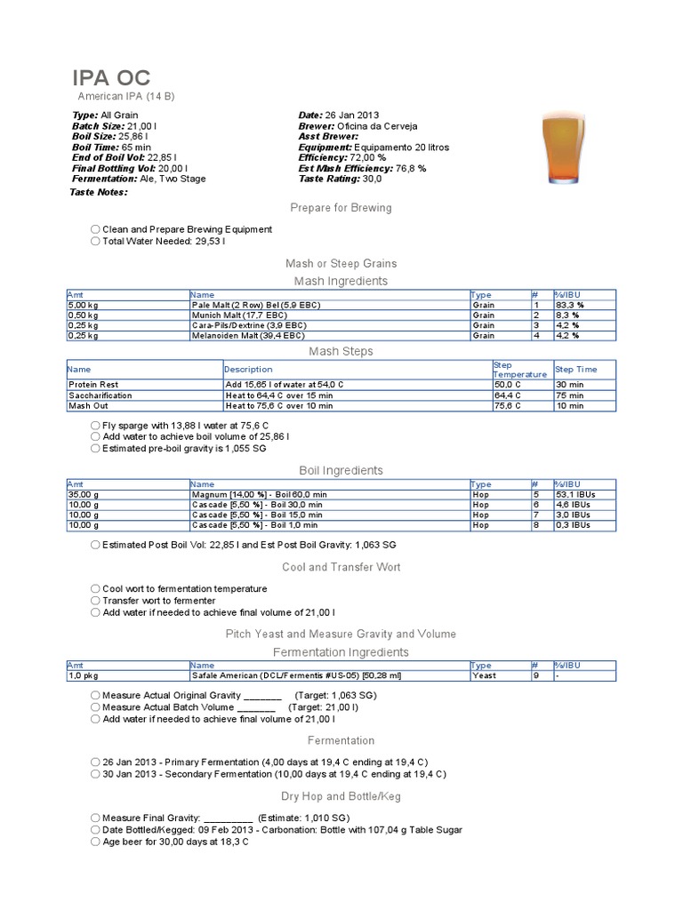 Ipa Oc: Mash Ingredients | PDF | Brewing | Alcoholic Drinks