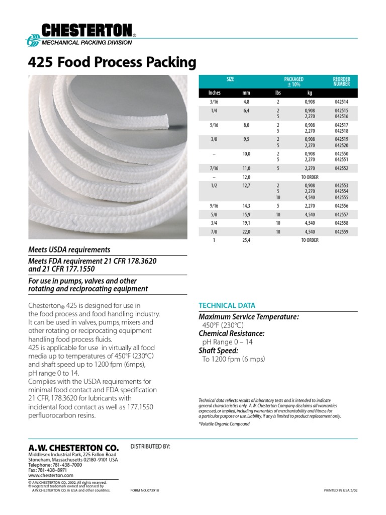 425 Food Process Packing: A.W. Chesterton Co | PDF | Pump | Chemical ...
