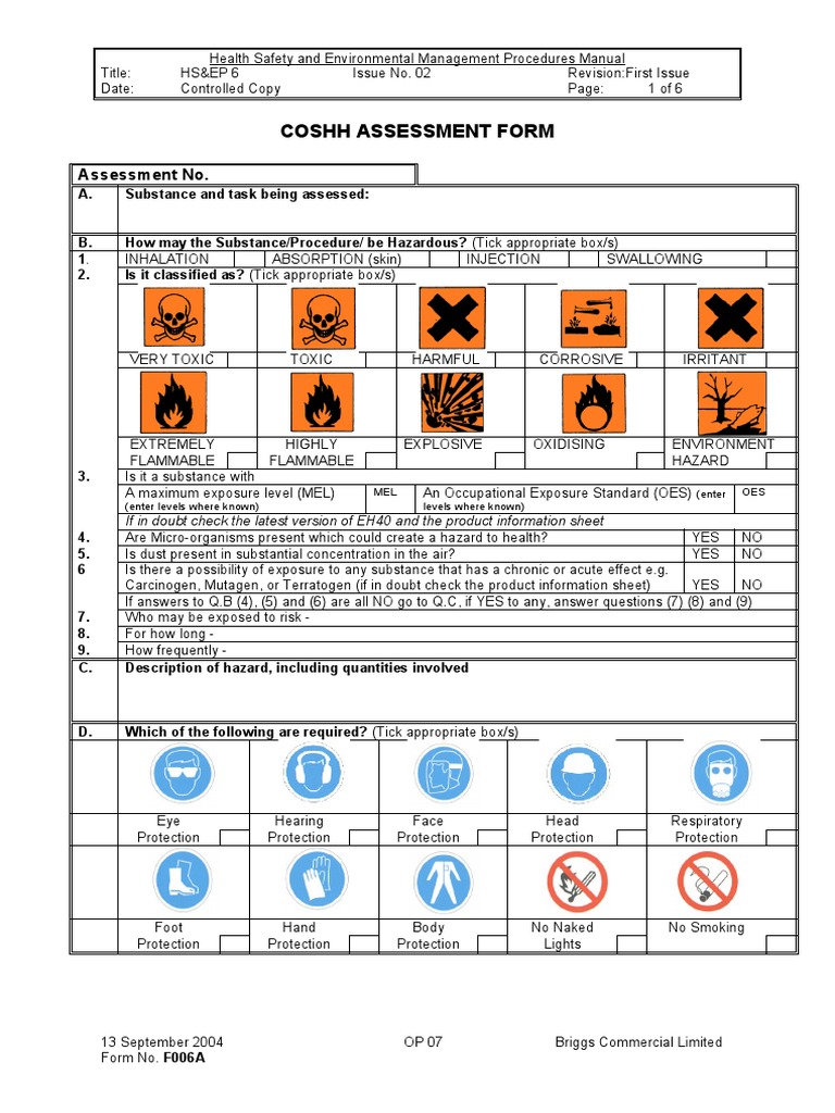 F006A CoSHH Assessment Form | PDF | Toxicity | Personal Protective ... F006A CoSHH Assessment Form | PDF | Toxicity | Personal Protective ...