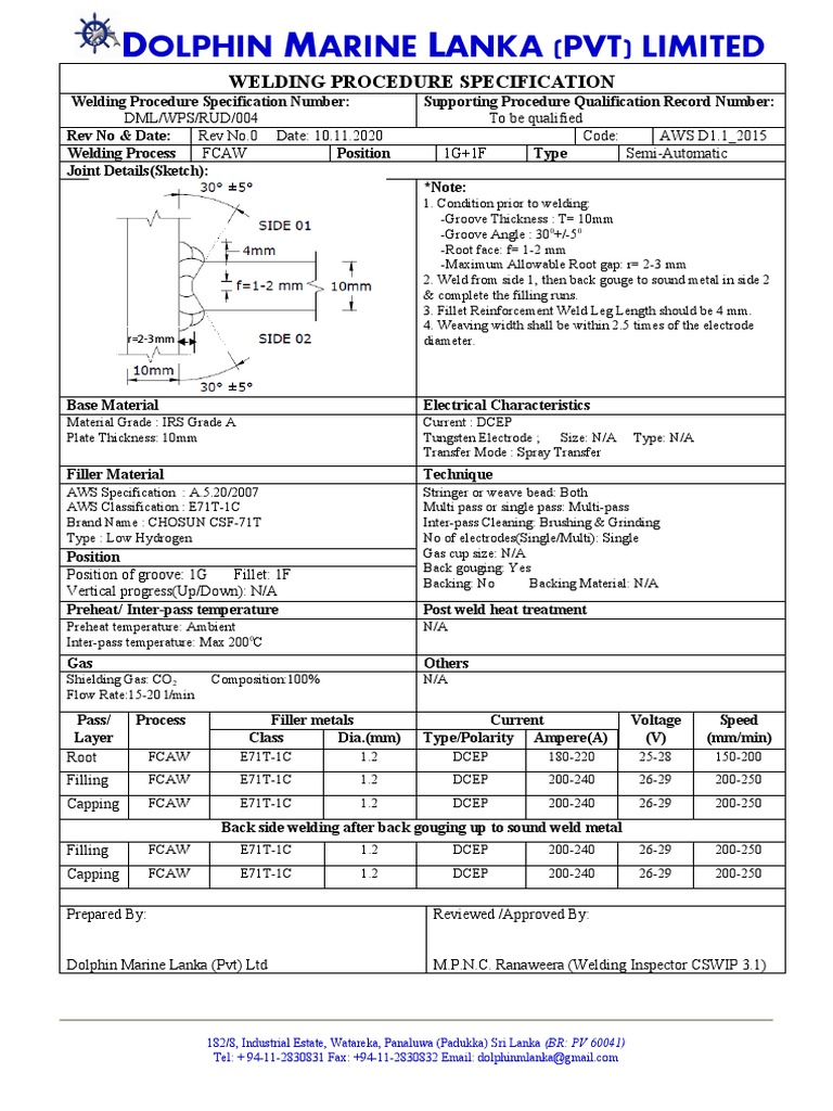 Welding Procedure Specification for Flux Cored Arc Welding of 10mm ...