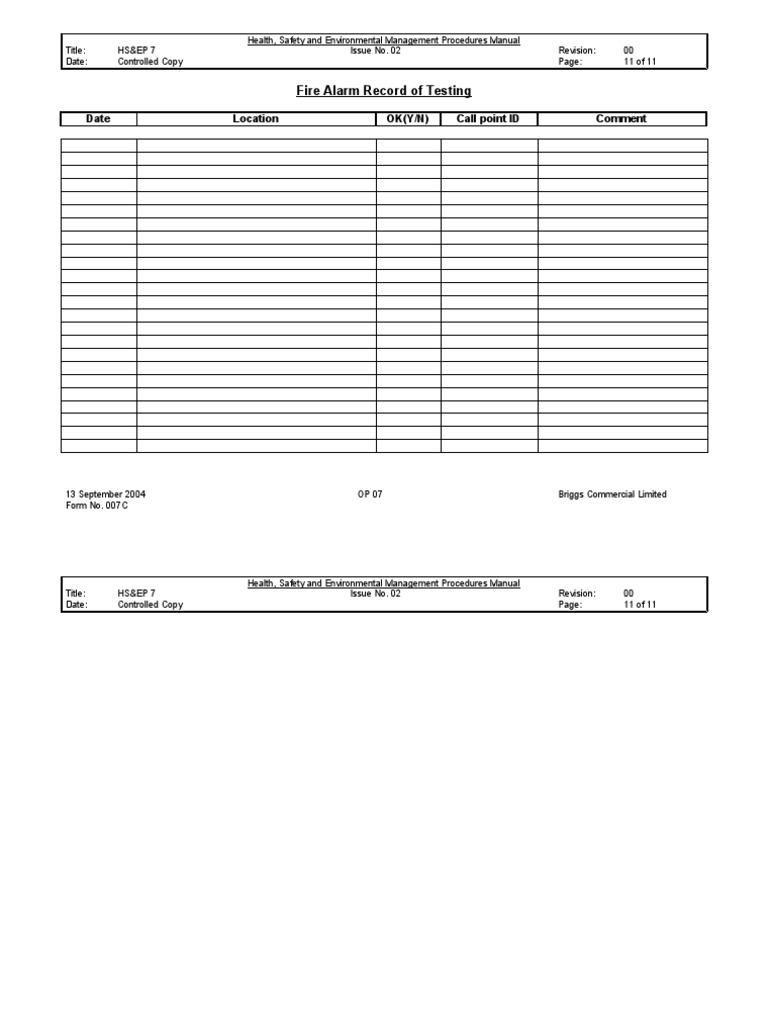 F007C Fire Alarm Record of Testing | PDF