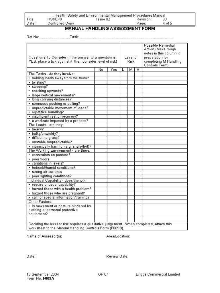 F009A Manual Handling Assessment Form | PDF