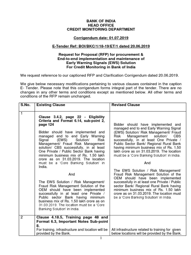 Corrigendum EWS Solution 01.07.2019 | PDF | Money Laundering | Request For Proposal