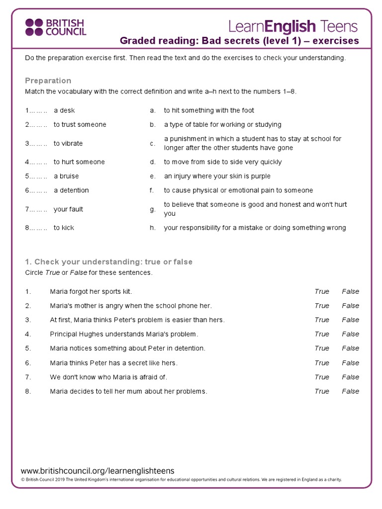 Graded Reading: Bad Secrets (Level 1) - Exercises: Preparation | PDF