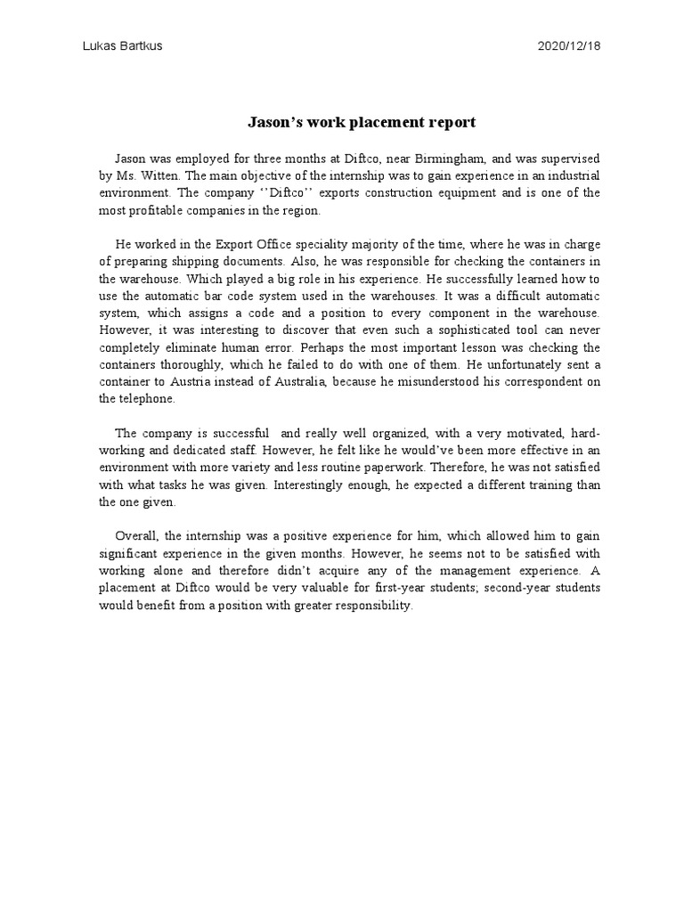 Jason's Placement Report. Lukas Bartkus | PDF
