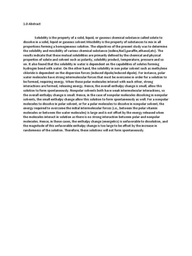 Experiment 1 (Solubility and Miscibility) | PDF | Solvation | Solution