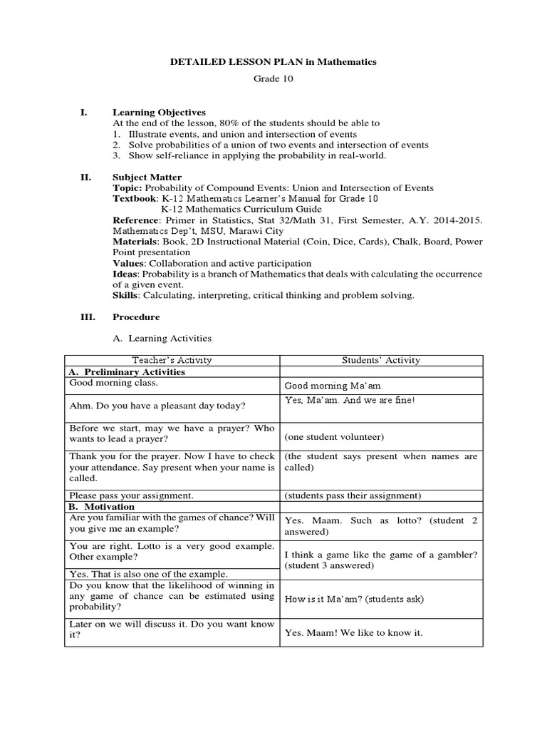 DETAILED LESSON PLAN in Mathematics | PDF | Probability | Learning