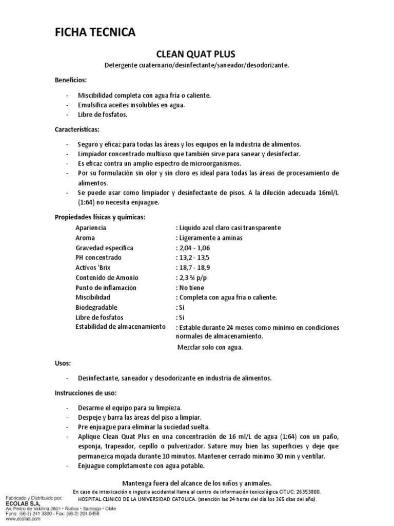 Ficha Tecnica Clean Quat Plus | PDF | Agua | Química