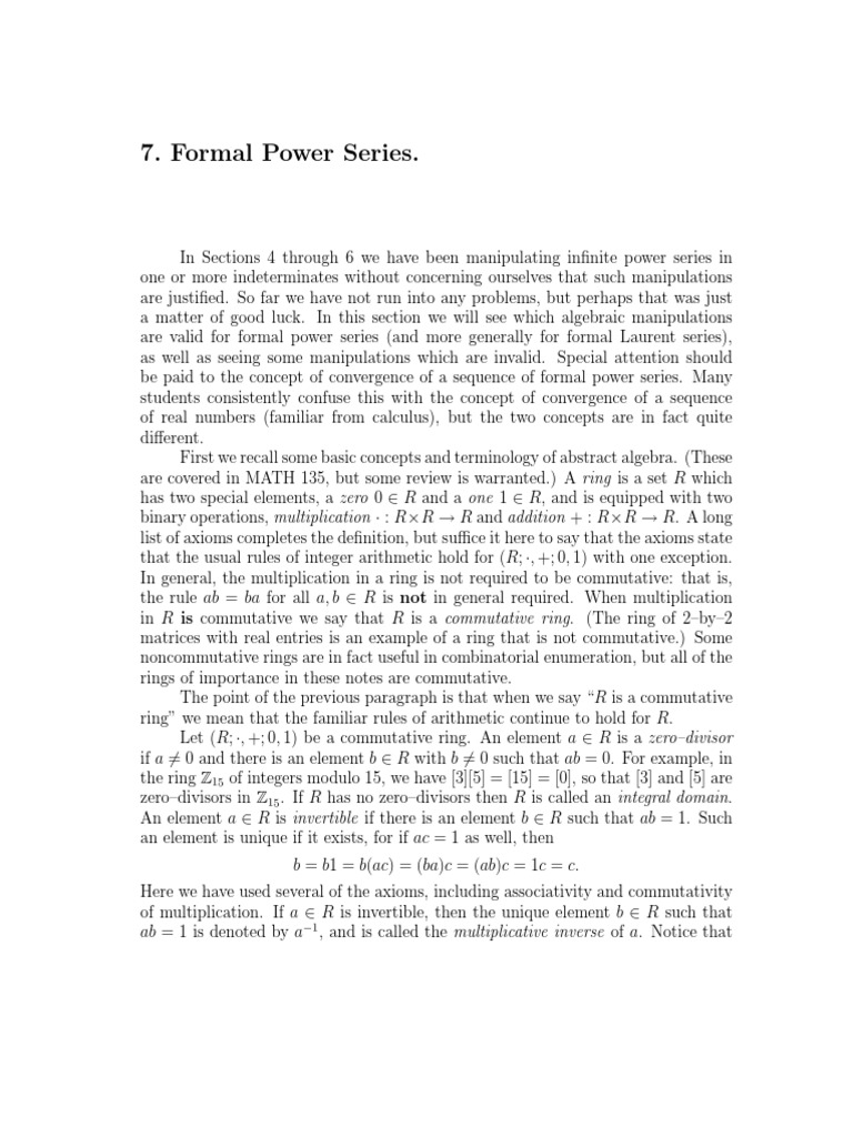 Formal Power Series | PDF | Ring (Mathematics) | Sequence
