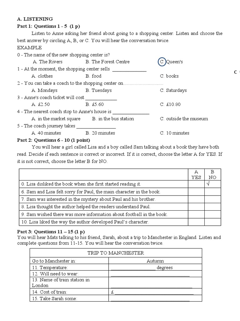 A. Listening Part 1: Questions 1 - 5 (1 P) | PDF | Language Arts ...