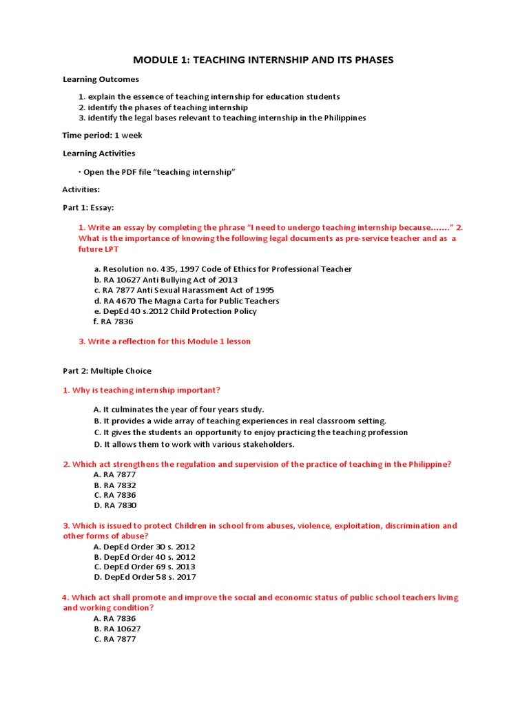 Module 1: Teaching Internship and Its Phases: Learning Outcomes | PDF
