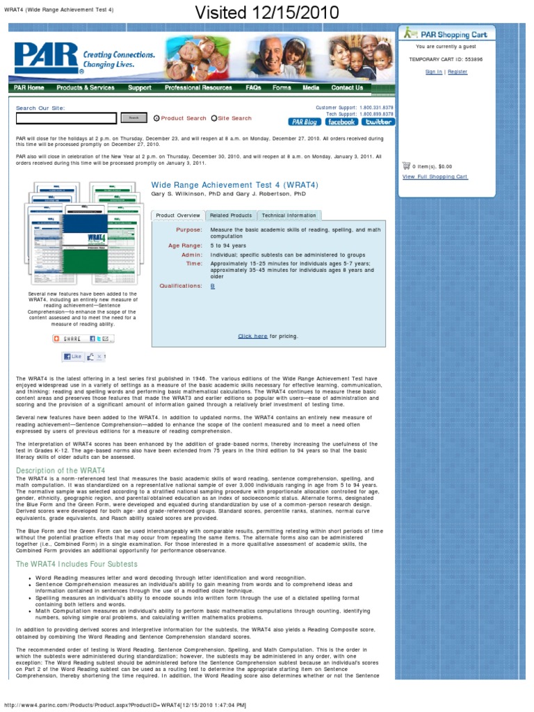 Wide Range Achievement Test 4 (WRAT4) : Product Search Site Search ...