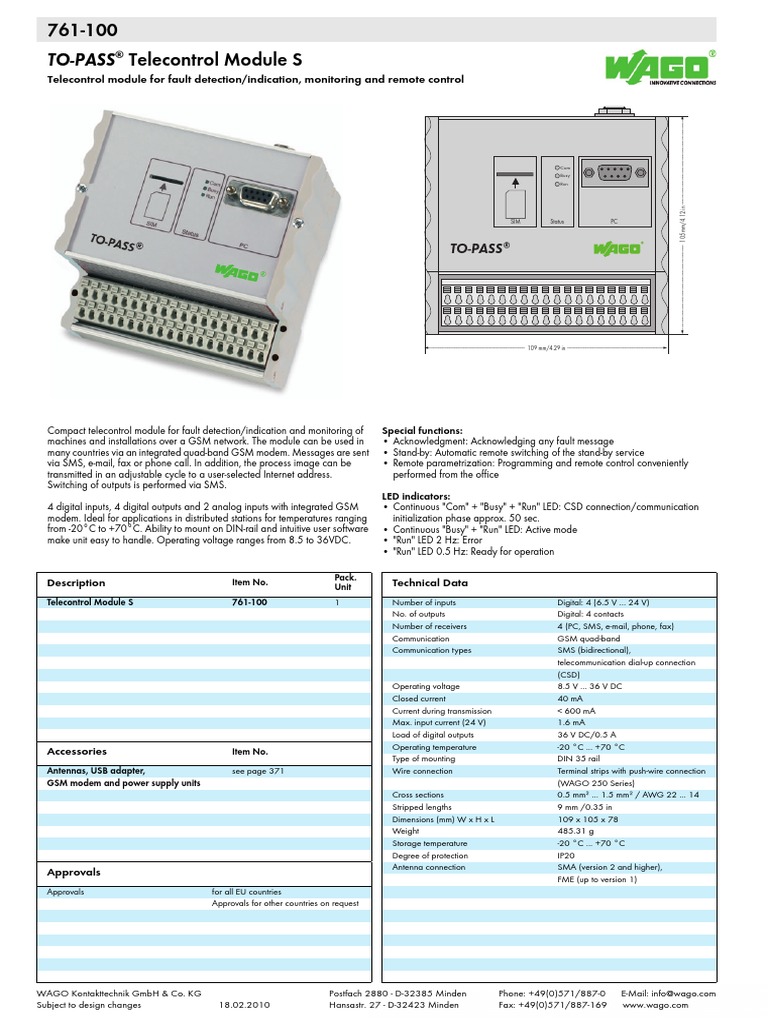 To-Pass: 761-100 Telecontrol Module S | PDF | Modem | Fax