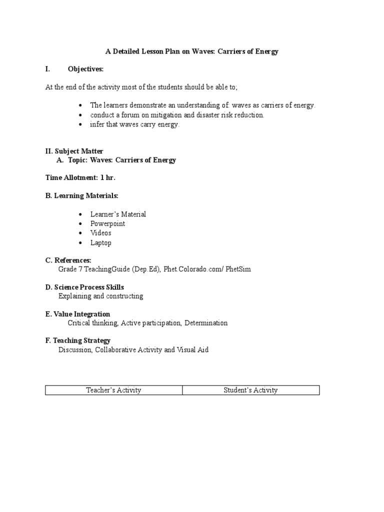 A Detailed Lesson Plan On Waves: Carriers of Energy I. Objectives | PDF ...