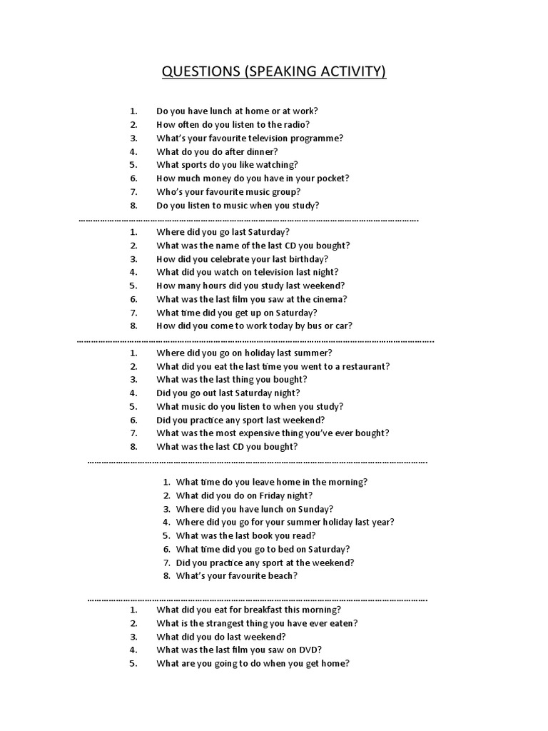 Preguntas - Speaking Activity | PDF | Workweek And Weekend