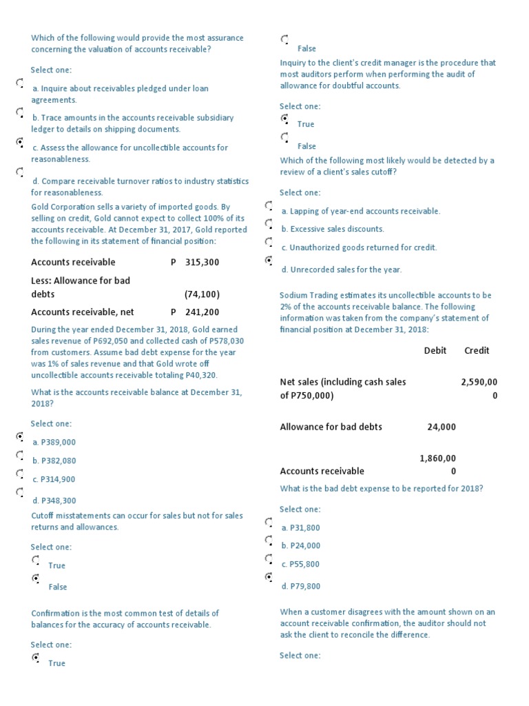 Accounts Receivable P 315,300 Less: Allowance For Bad Debts (74,100 ...
