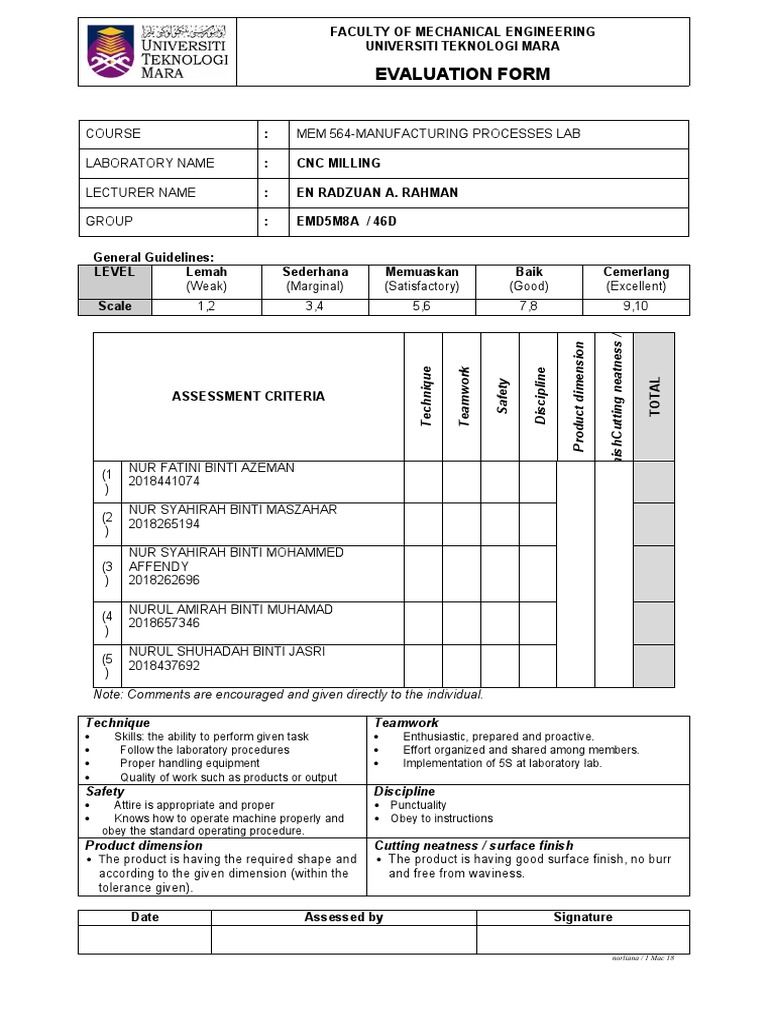Evaluation Form: Faculty of Mechanical Engineering Universiti Teknologi ...