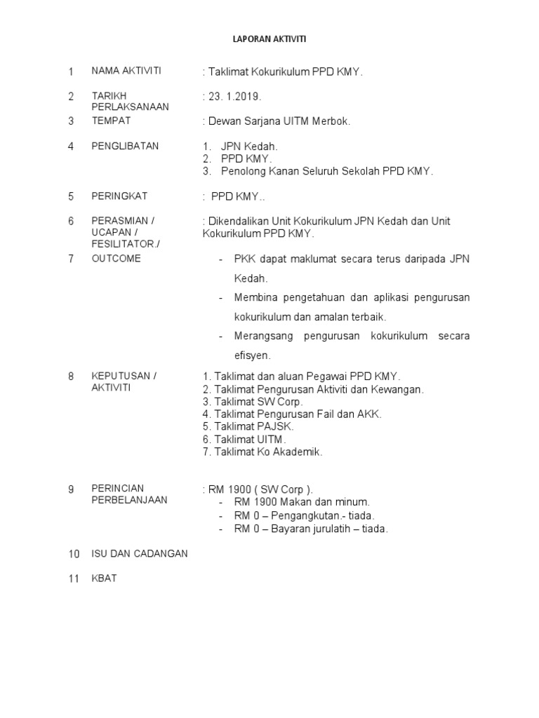 CONTOH LAPORAN TAKLIMAT kOKURIKULUM PPD KMY 2019 | PDF