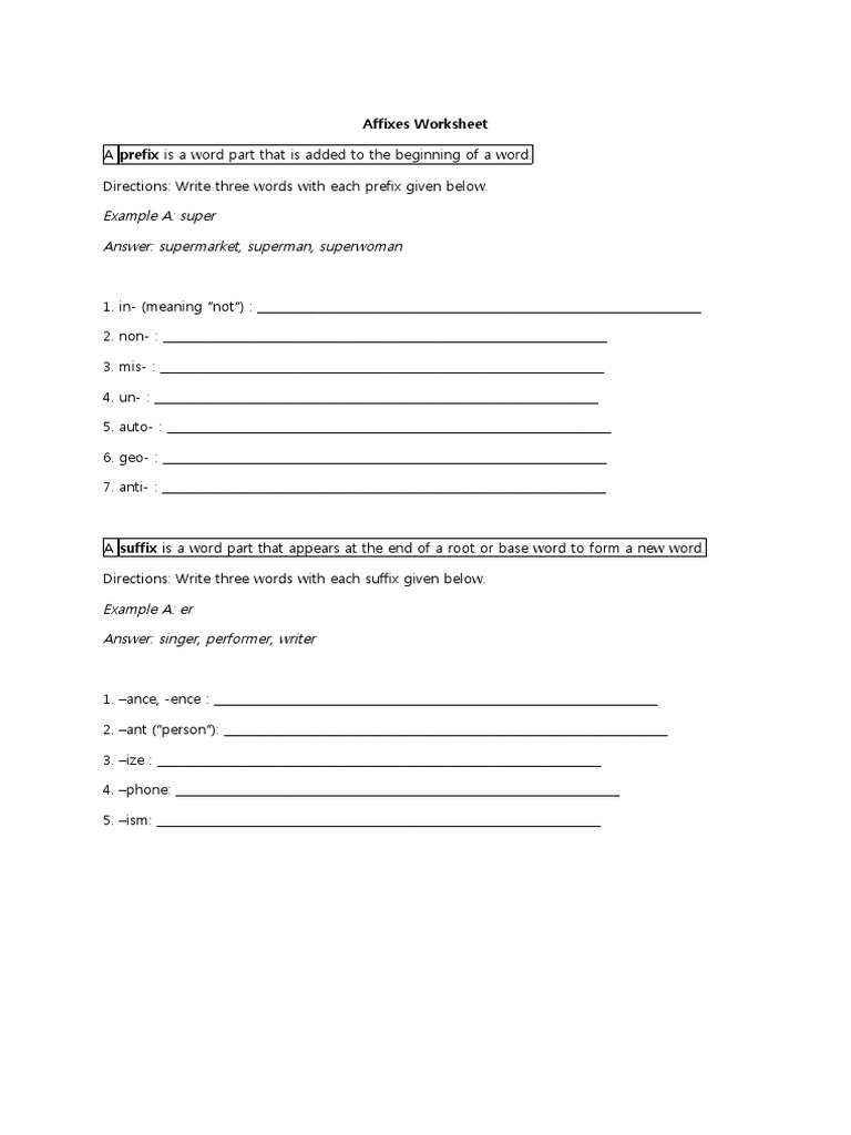 Affixes Worksheet | PDF | Linguistic Morphology | Morphology