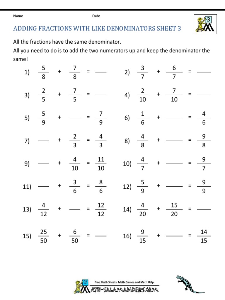 Adding Fractions With Like Denominators Sheet 3 | PDF | Fraction ...