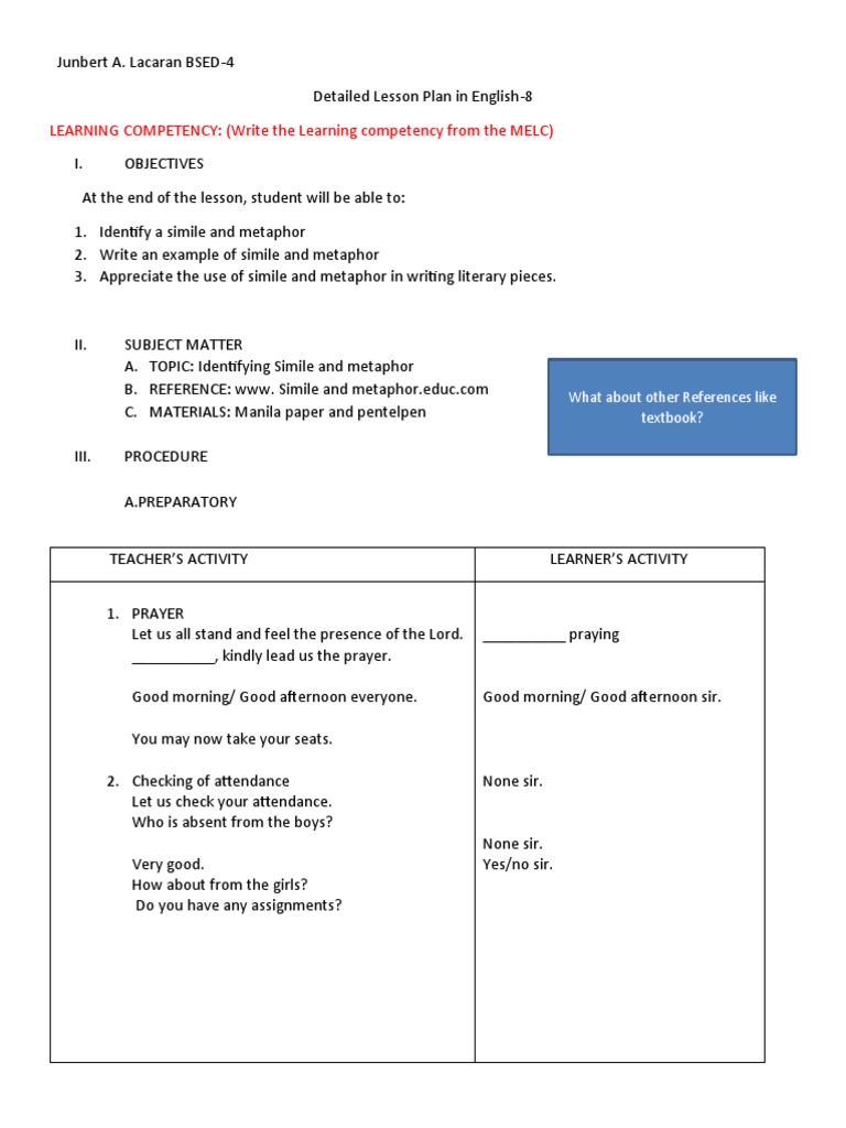 LEARNING COMPETENCY: (Write The Learning Competency From The MELC ...