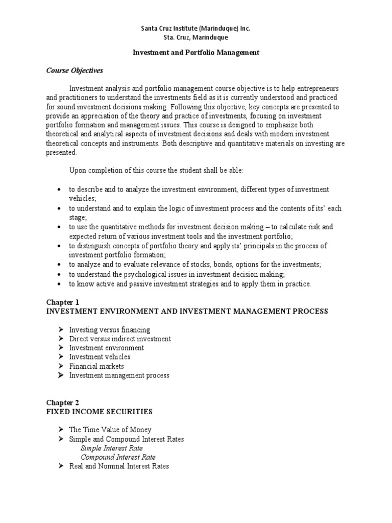 Investment and Portfolio Management Course Outline | PDF | Valuation ...