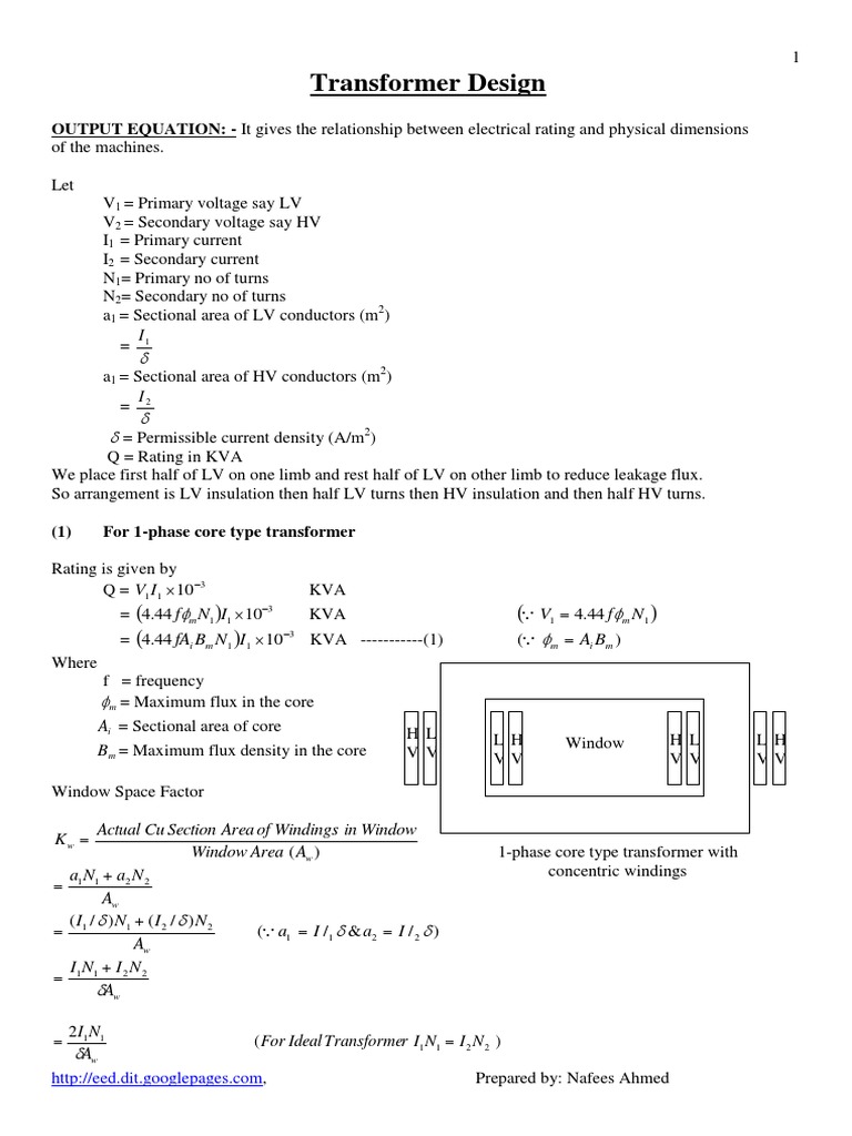 Transformer Design: OUTPUT EQUATION: - It Gives The Relationship Between Electrical Rating and ...