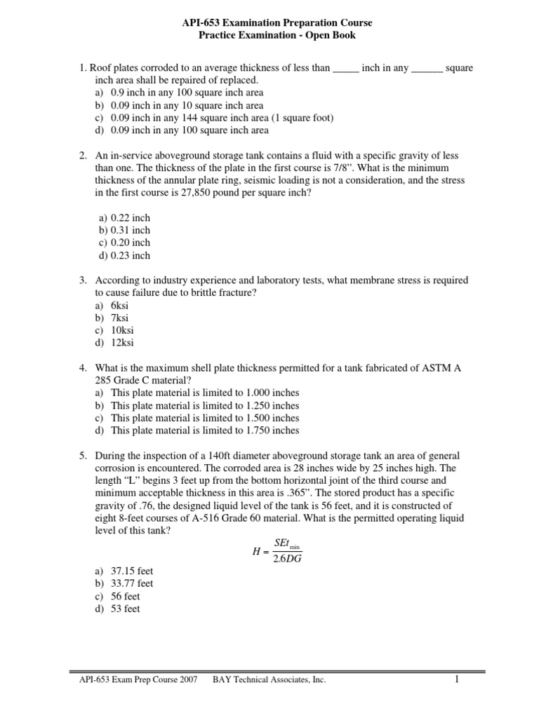 API-653 Practice Examination - Questions Covering Topics on Tank ...