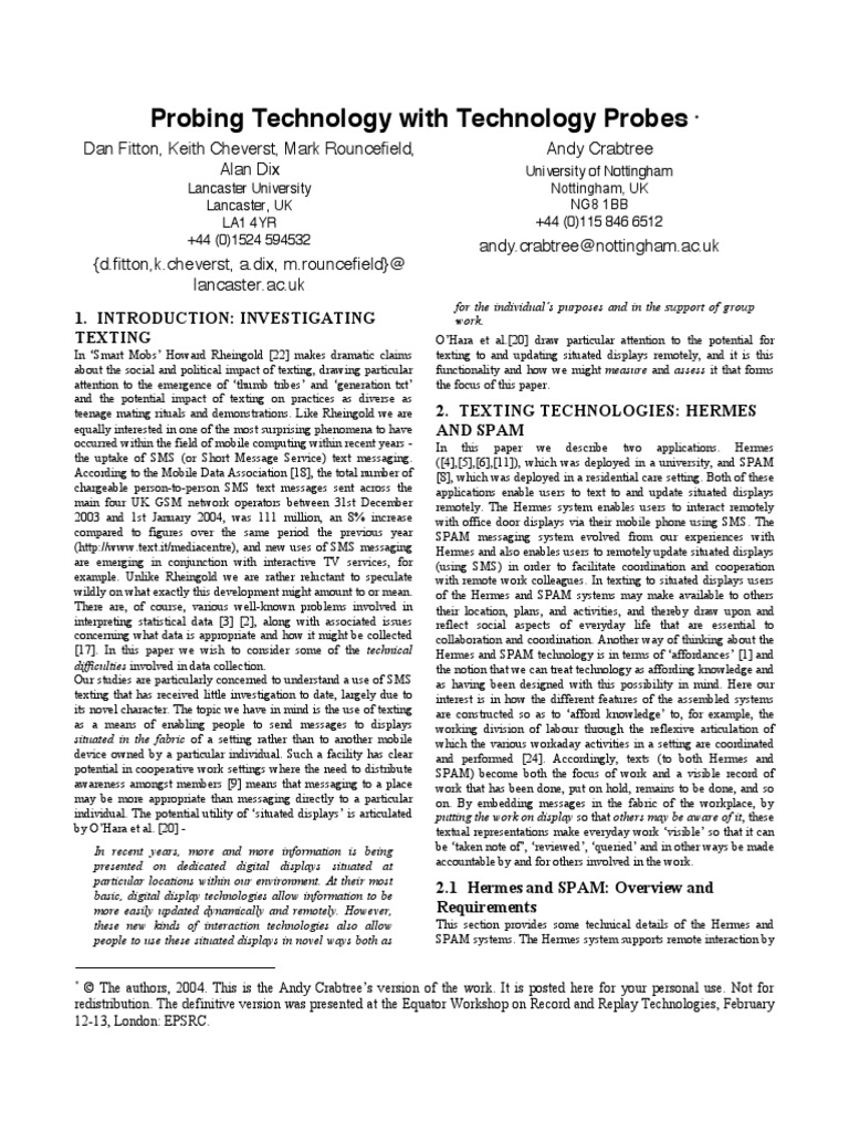 Probing Technology With Technology Probes | PDF | Text Messaging | Spamming