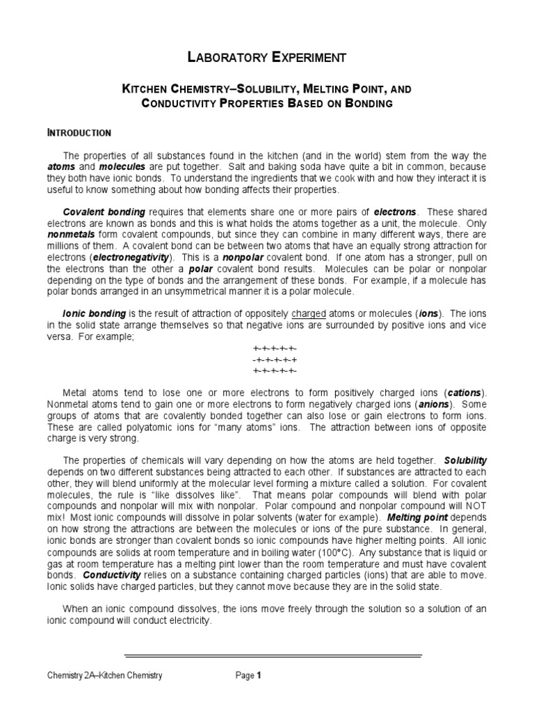 Kitchen Chemistry: Solubility & Conductivity | PDF | Ion | Chemical ...