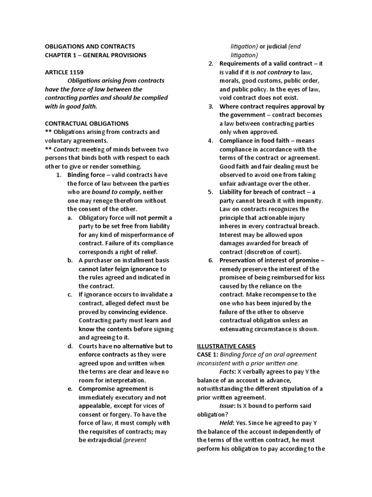 OBLICON REVIEWER Article 1159 | PDF | Breach Of Contract | Legal Concepts