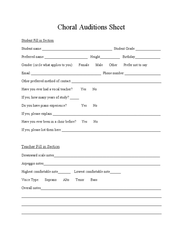 Choral Auditions Sheet | PDF
