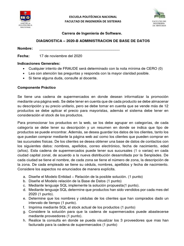 Examen Diagnostica Administracion Base de Datos | PDF | SQL | Bases de datos