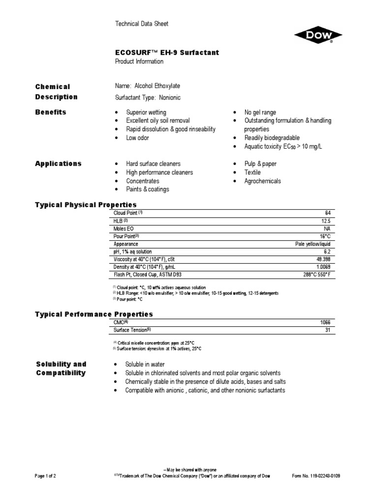 ECOSURF EH9 Tech Data Sheet | PDF | Solubility | Surfactant