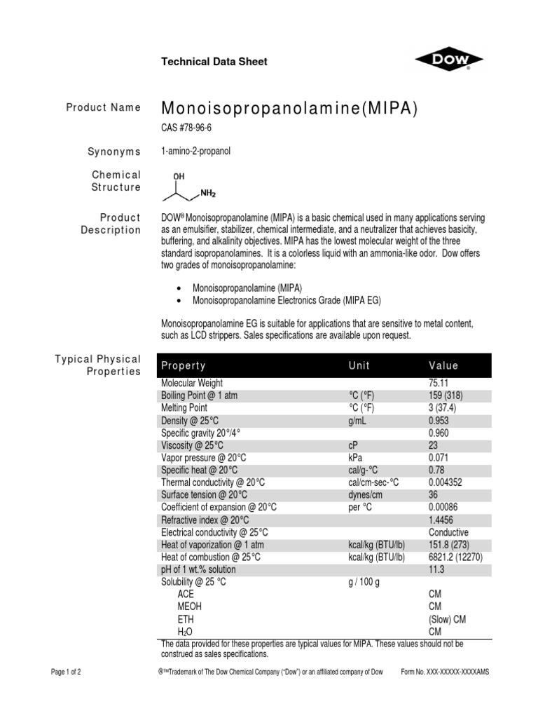Monoisopropanolamine (MIPA) PDF | PDF | Dow Chemical Company ...