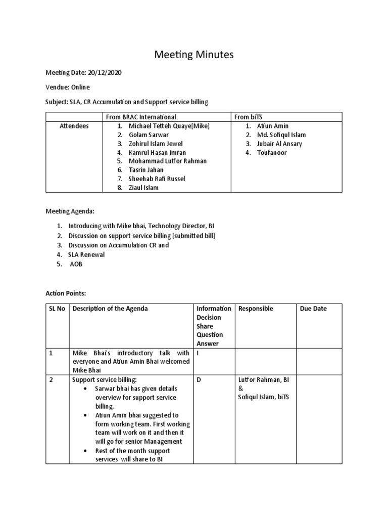 Meeting Minutes: Action Points: SL No Description of The Agenda ...