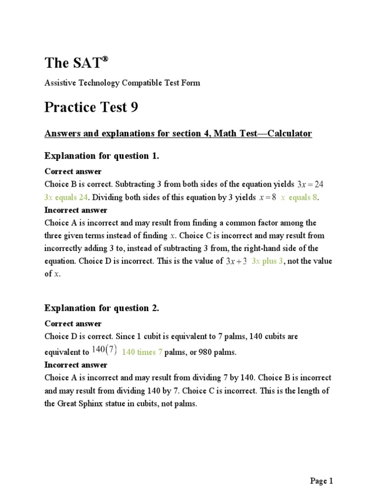 Sat Practice Test 9 Math Calculator Answer Explanations at | PDF ...