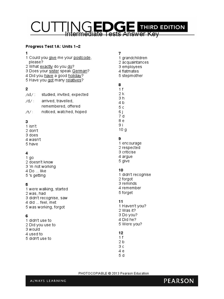 Intermediate Tests Answer Key: Progress Test 1A: Units 1-2 1 7 | PDF