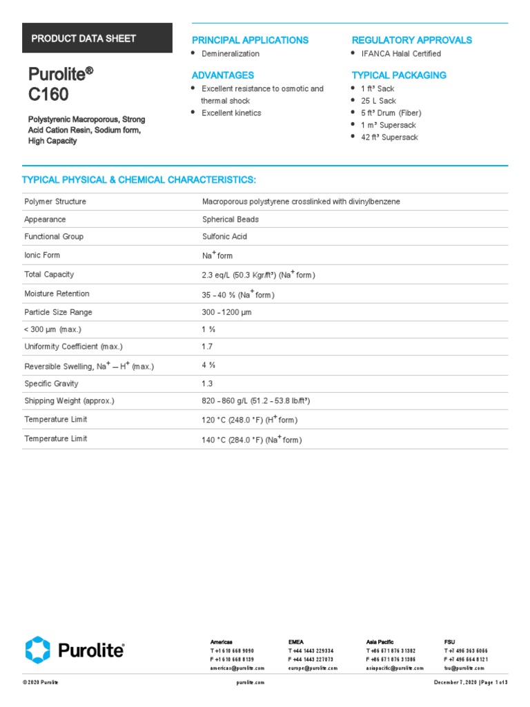 Purolite C160: Product Data Sheet | PDF | Sodium | Fluid Dynamics