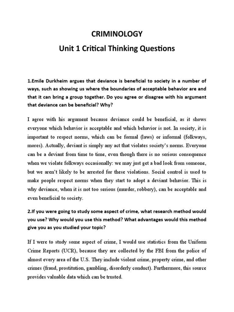 Criminology Unit 1 Critical Thinking Questions | PDF | Deviance ...