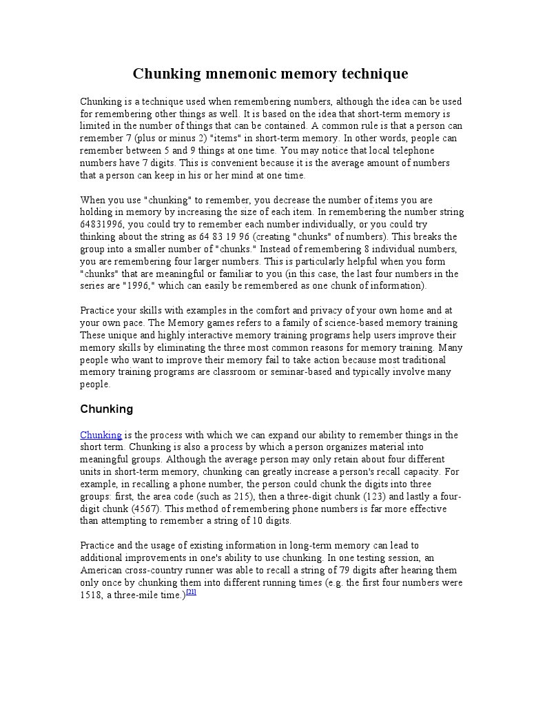 Chunking mnemonic memory technique | Memory | Earth & Life Sciences