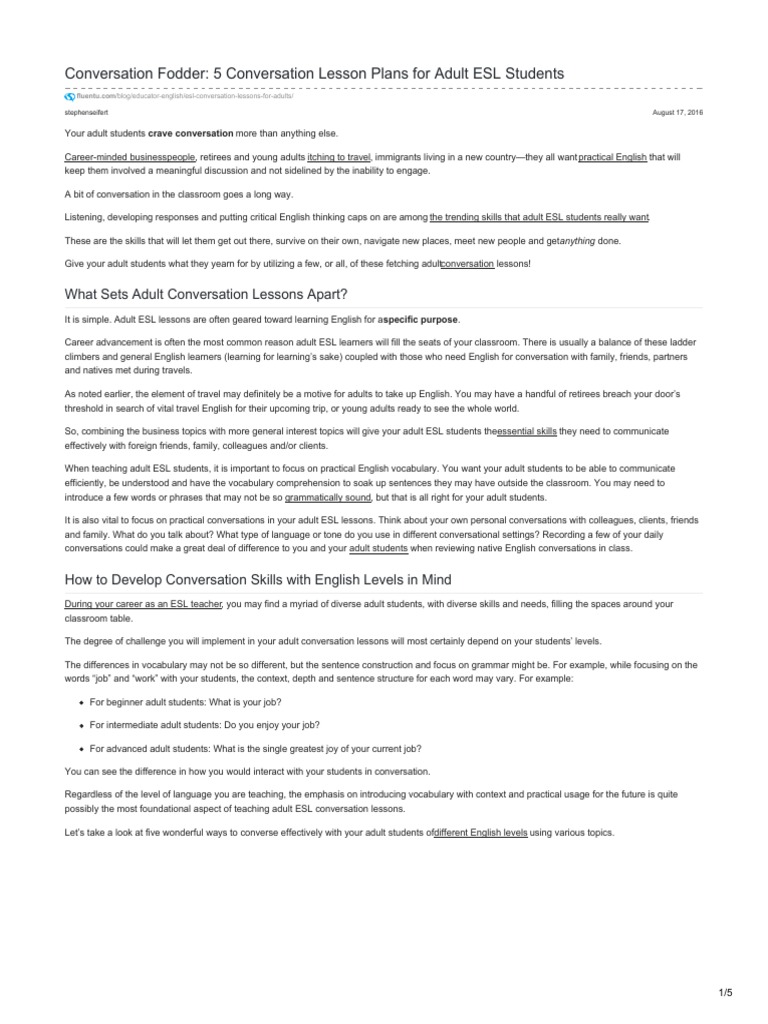 Conversation Fodder: 5 Conversation Lesson Plans For Adult ESL Students ...