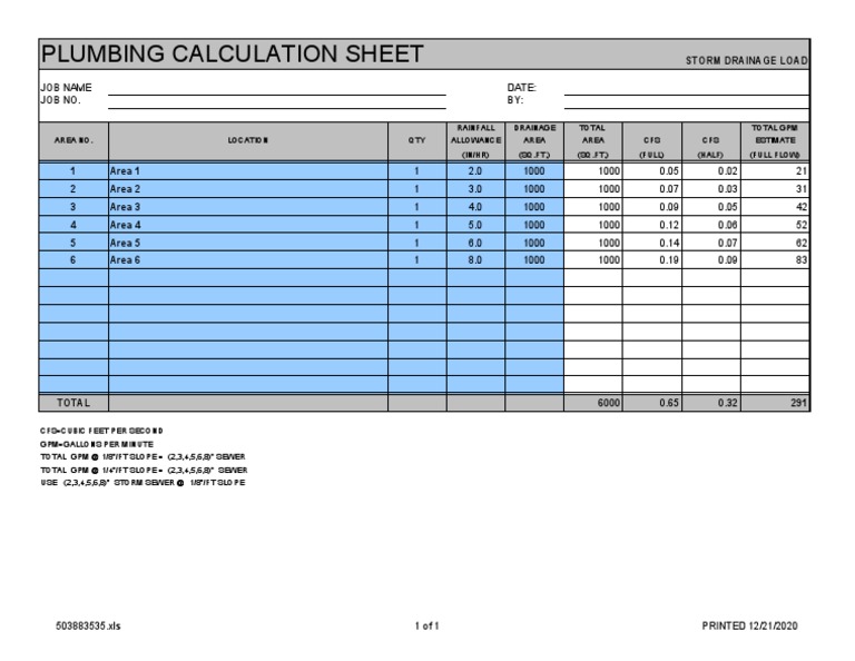 Plumbing Calculation Sheet: Storm Drainage Load | PDF