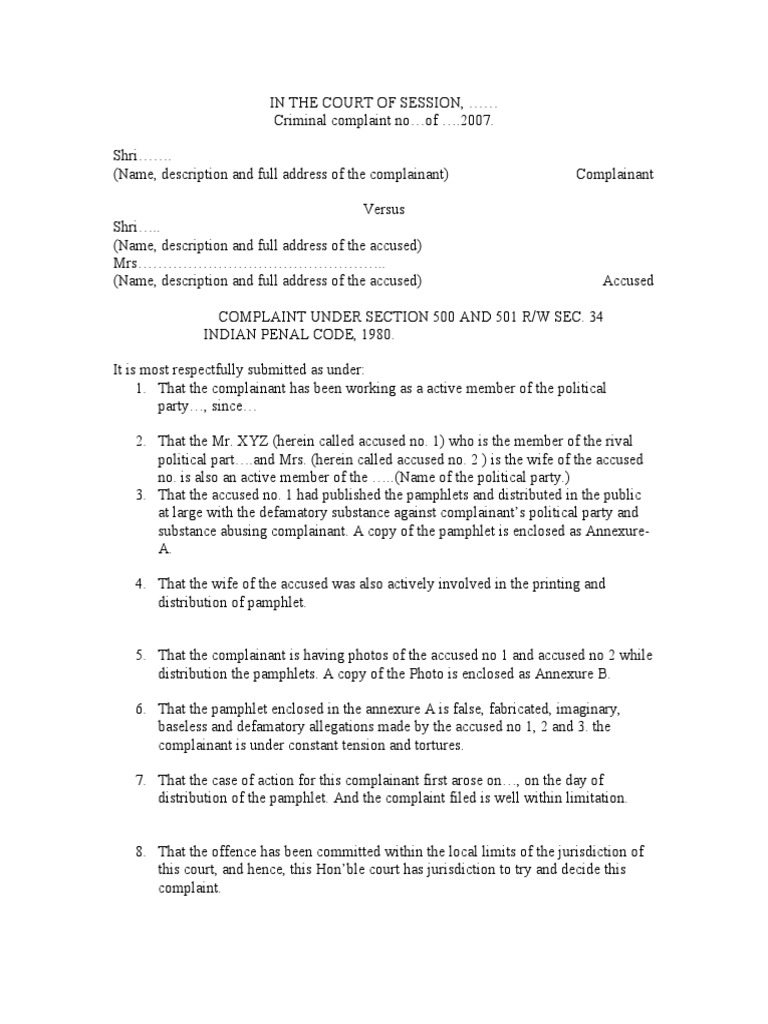 Complaint Under Section 500 IPC | PDF | Defamation | Complaint